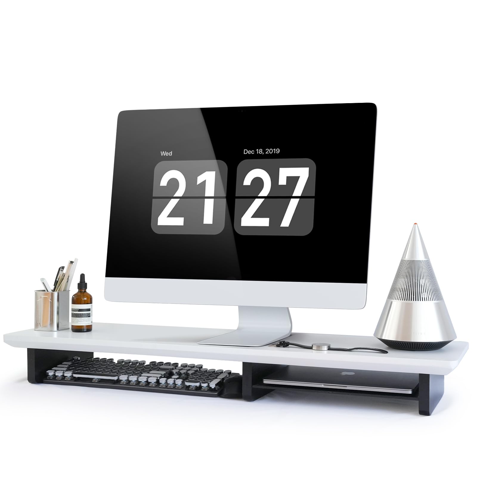 ROCDEER Dual Monitor Stand Riser White, Sturdy Bamboo 2 Tiers Computer ...