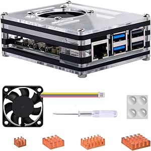 GeeekPi Acrylic Case for Raspberry Pi 5, Pi 5 Case with 4010 PWM Large Fan and 4PCS Pure Copper ...