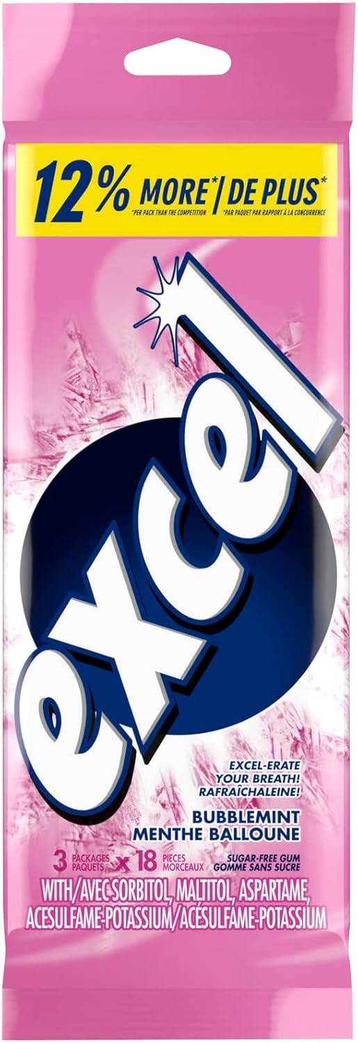 EXCEL, Bubblemint Flavoured Sugar Free Chewing Gum, 18 Pieces, 3 Packs ...