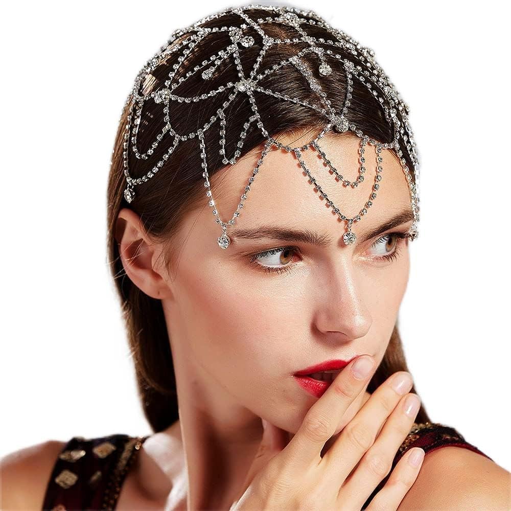 Amazon.com : Xerling Rhinestones Tassel Cap Headpiece 1920s Flapper ...