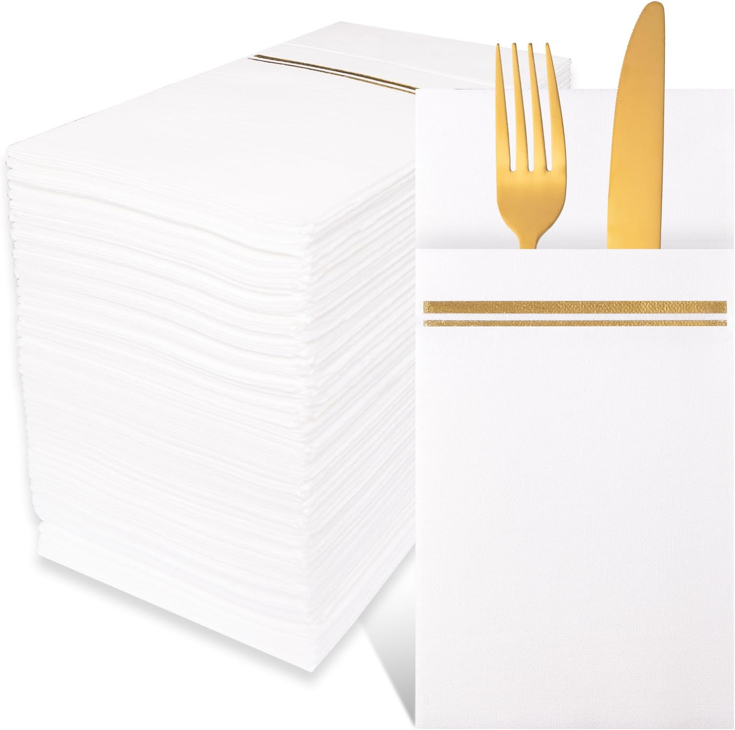 Amazon.com: Heliltd 100Pcs White Napkins Gold Trim with Pockets Folded ...