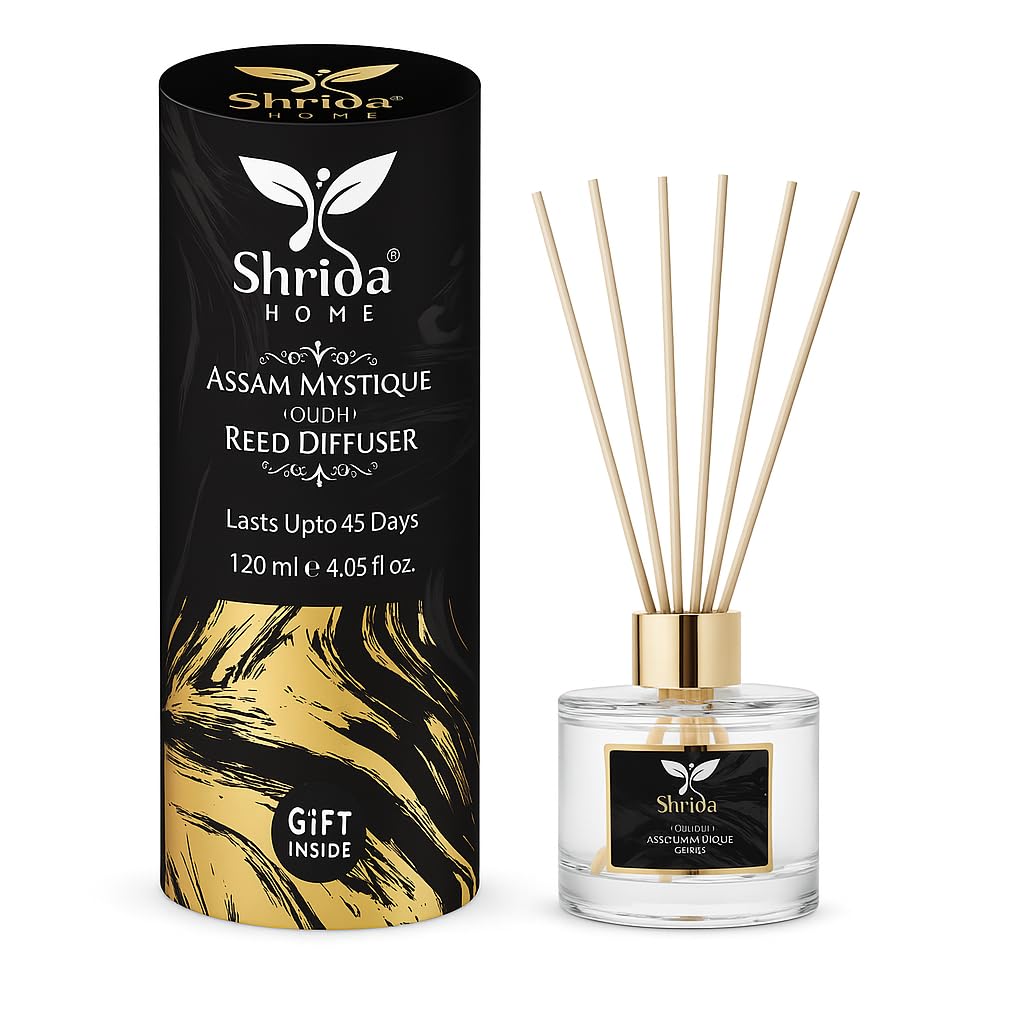 Shrida Assam Mystique Oudh Reed Diffuser | 120ml with 6 Rattan Sticks | Long-Lasting, Toxin-Free ...