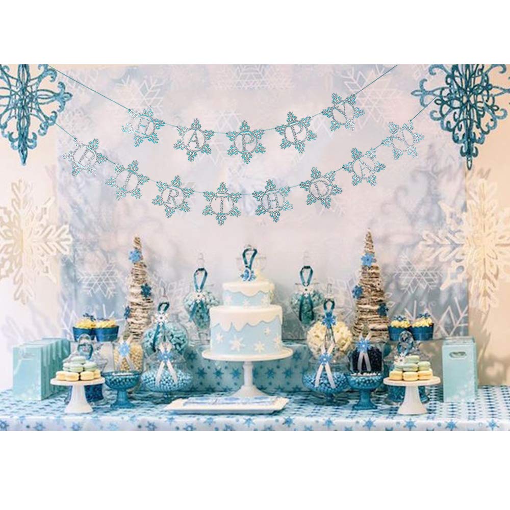 Winter Wonderland Party Banner Snowflake Happy Birthday Banner, Winter