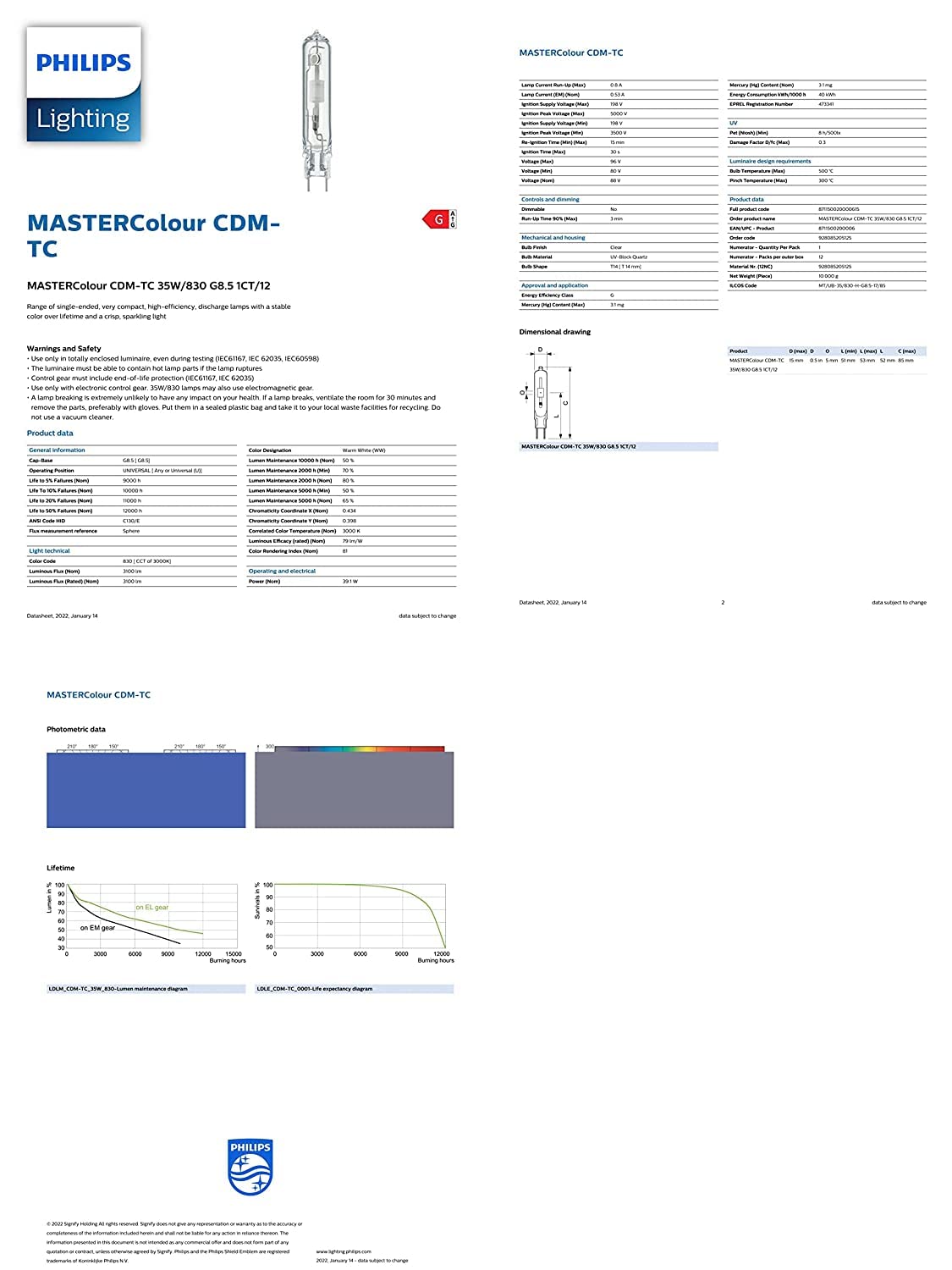 Philips Master Colour CDM-TC 35W/830 G8.5 Entladungslampe Leuchtmittel ...