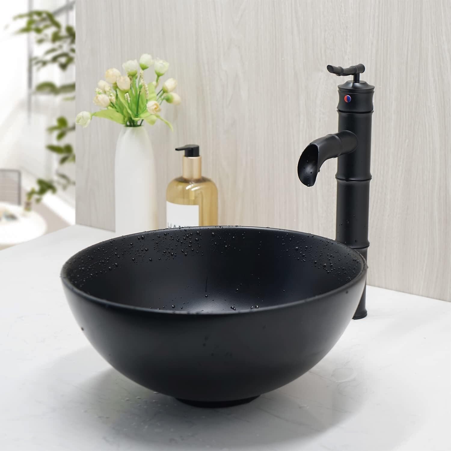 Lonuebu Ceramic Vessel Bathroom Sink Round Vessel Sink with Faucet and ...