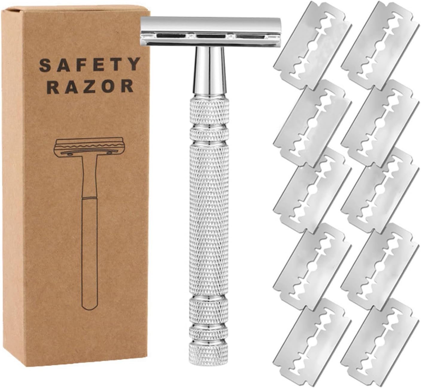 Silver Double Edge Safety Razor with 10 Blades，Zero Waste Razor for Men ...