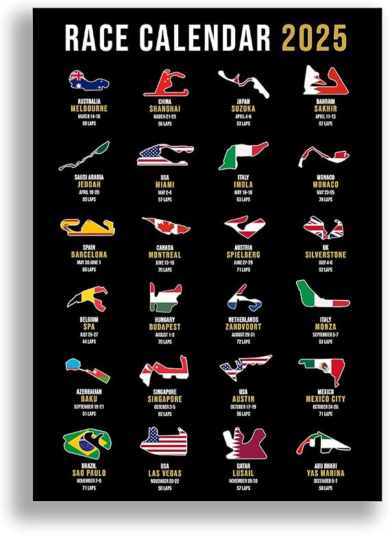 Mounted Gifts Trading Formula One Race Calendar 2025 Season F1 Schedule ...