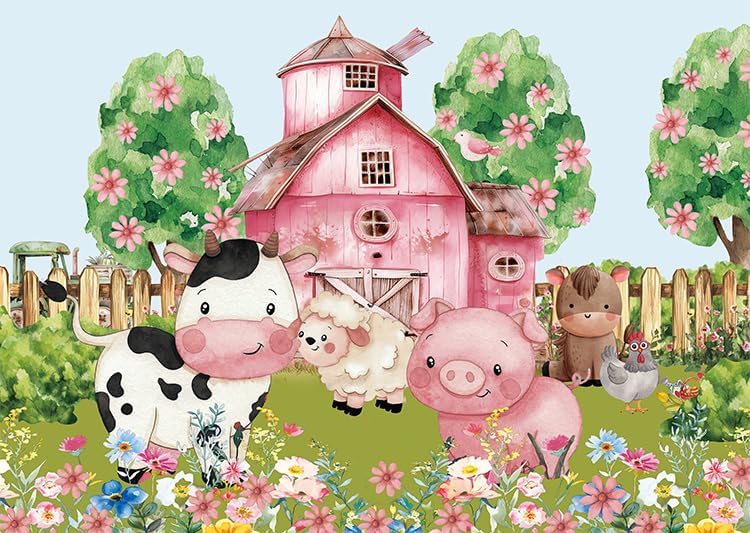 Amazon.com : 7x5ft Cartoon Farm Animals Party Backdrop Pink Barn Girl ...