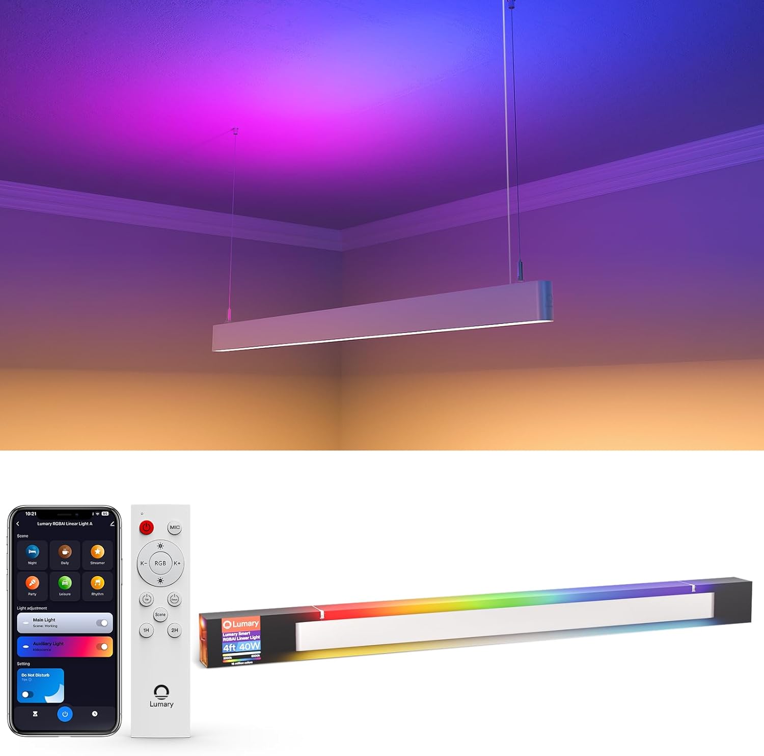 Lumary Smart LED Linear Pendant Light, Wi-Fi Island Lights 48" Hanging ...