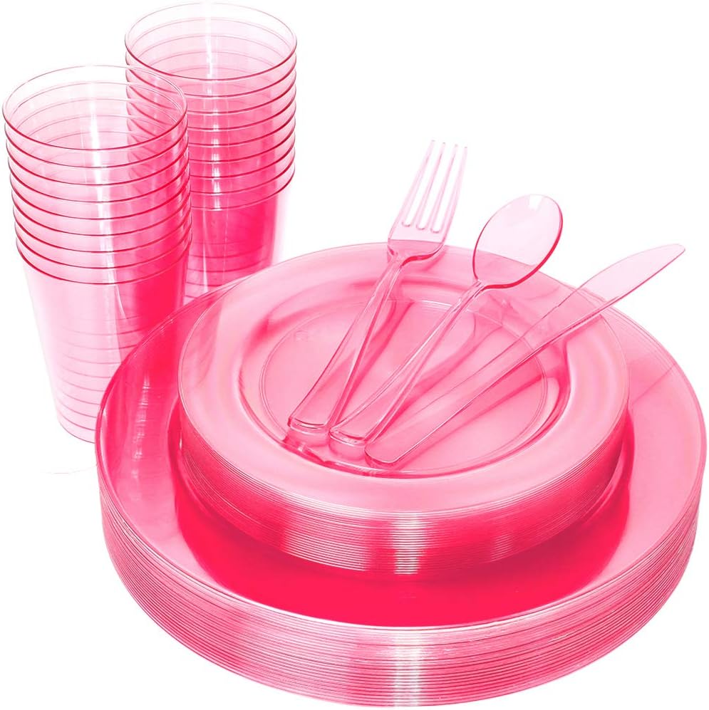 Amazon.com: WDF 25 Guest Pink Plates with Pink Plastic Silverware&Pink ...