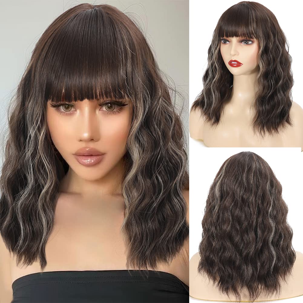Amazon.com: Daiaces Short Brown Wavy Wig with Bangs Bob Wavy with ...