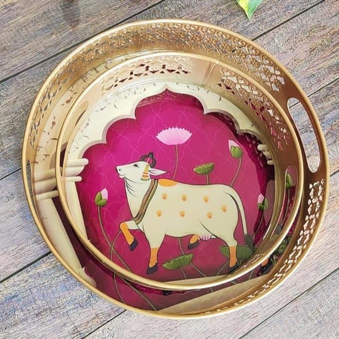 WAM Handicraft Metal Round Tray Set of 2 Cow Pichwai Tray (Size 8" and ...