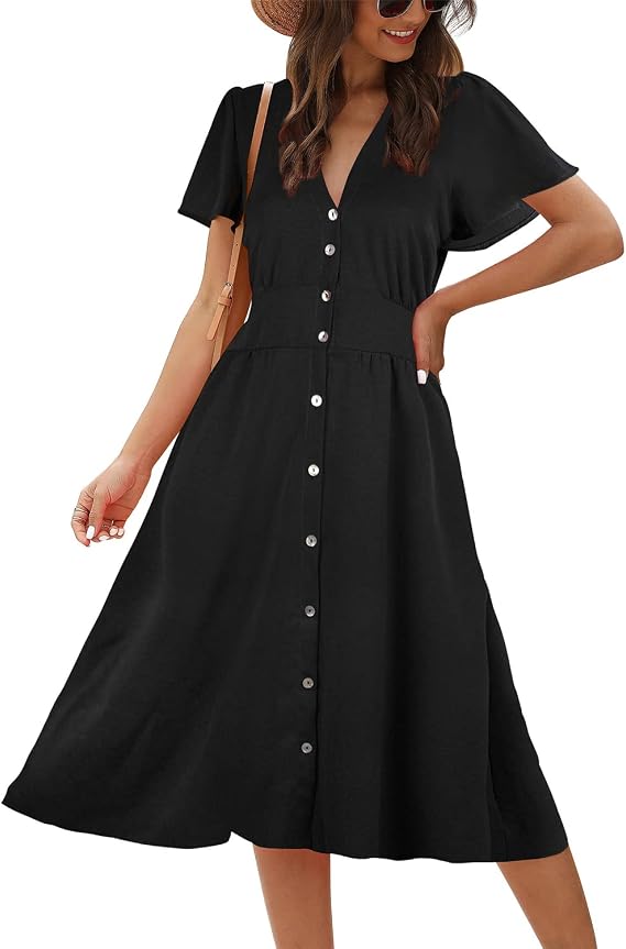 ROYLAMP Women's Floral Button Up Split Dress Deep V Short Bell Sleeve ...