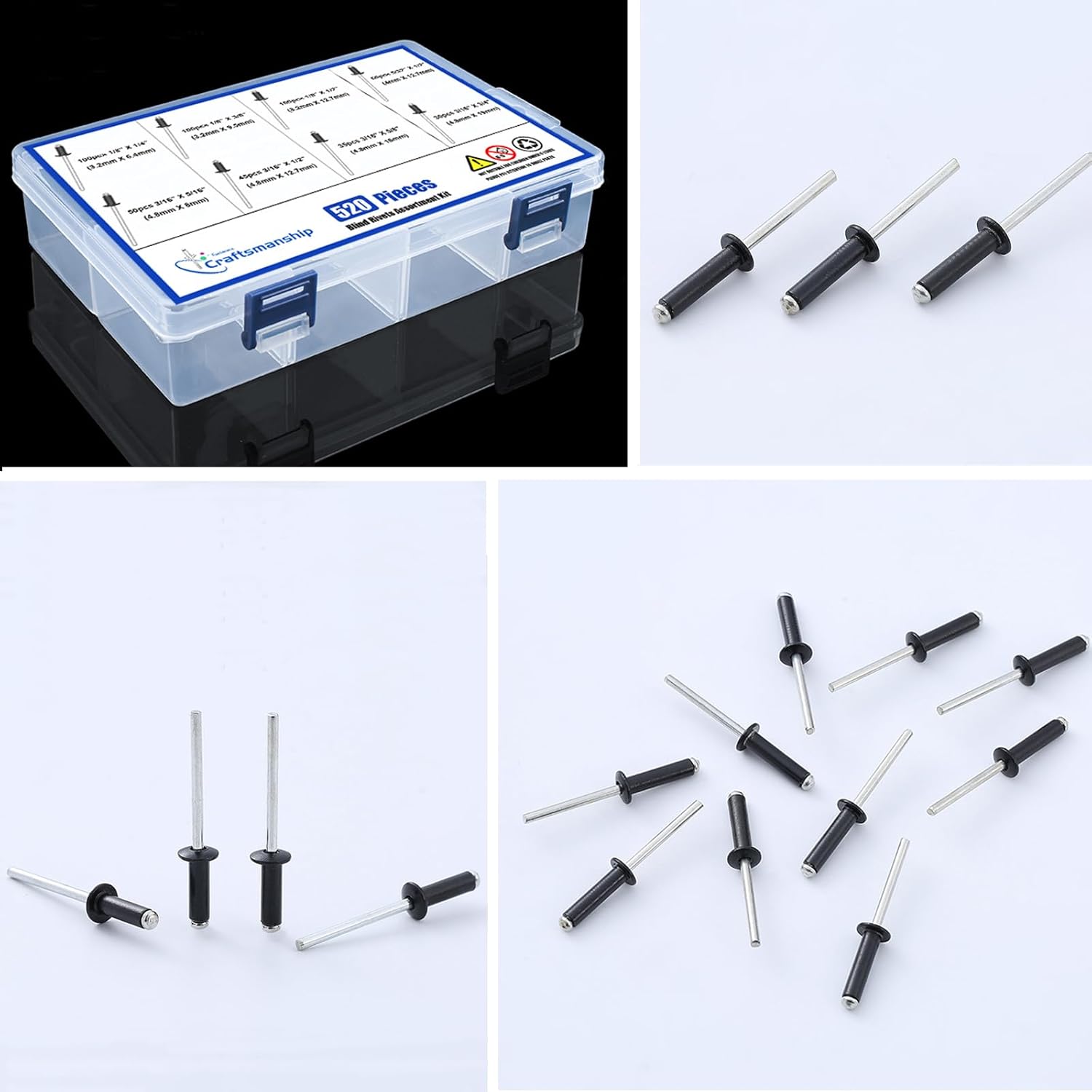 520Pcs Black Baking Paint Aluminum Rivet Assortment Kit, Pop Rivets ...