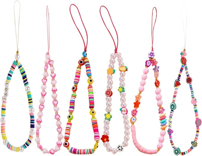 6 Pcs Beaded Phone Charms, Handmade Acrylic Clay Beads Key Chain, Phone ...