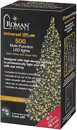 Roman Lights Superbright LED USB 500L Warm White 42 ft, Green Cord ...