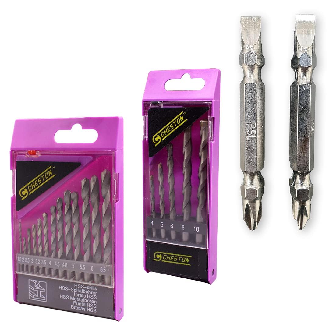 Cheston 20pc Drill Bits Set I 5 Wall, 13 HSS Metal, 2 Screwdriver Bits ...