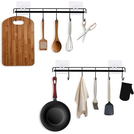 KALIONE Wall Mount Utensil Rail Rack, Adhesive Wall Hooks Rack Kitchen ...