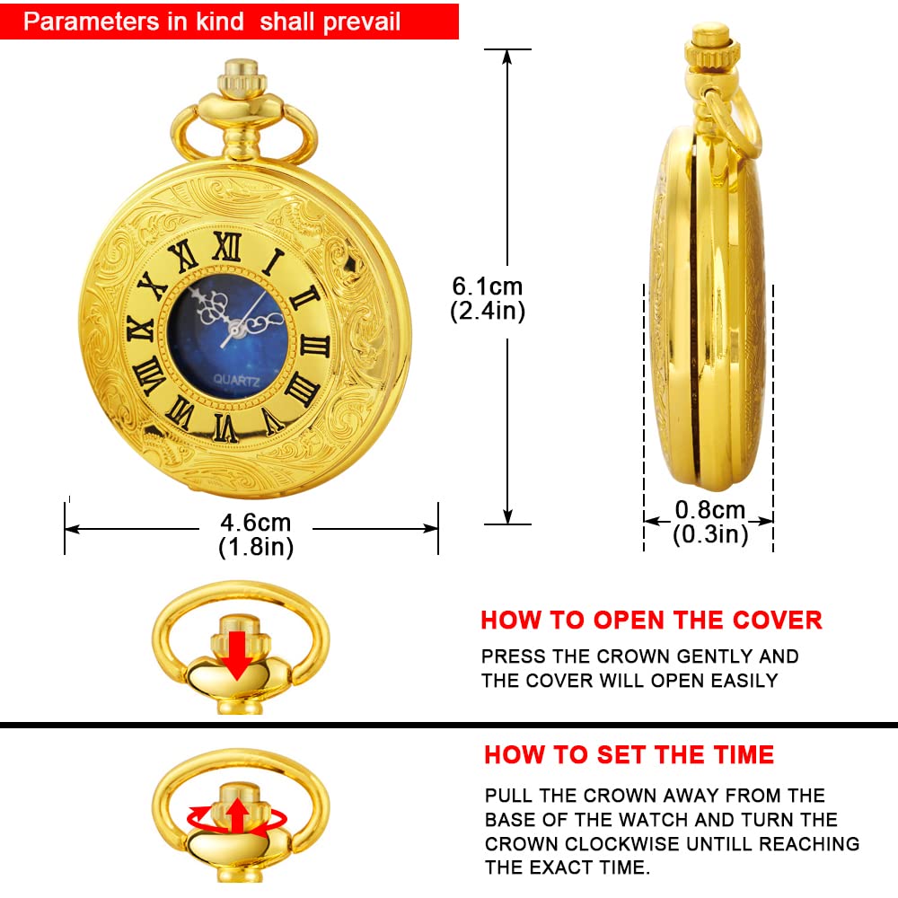 Mudder Vintage Roman Numerals Scale Quartz Pocket Watch with Chain (Gold)