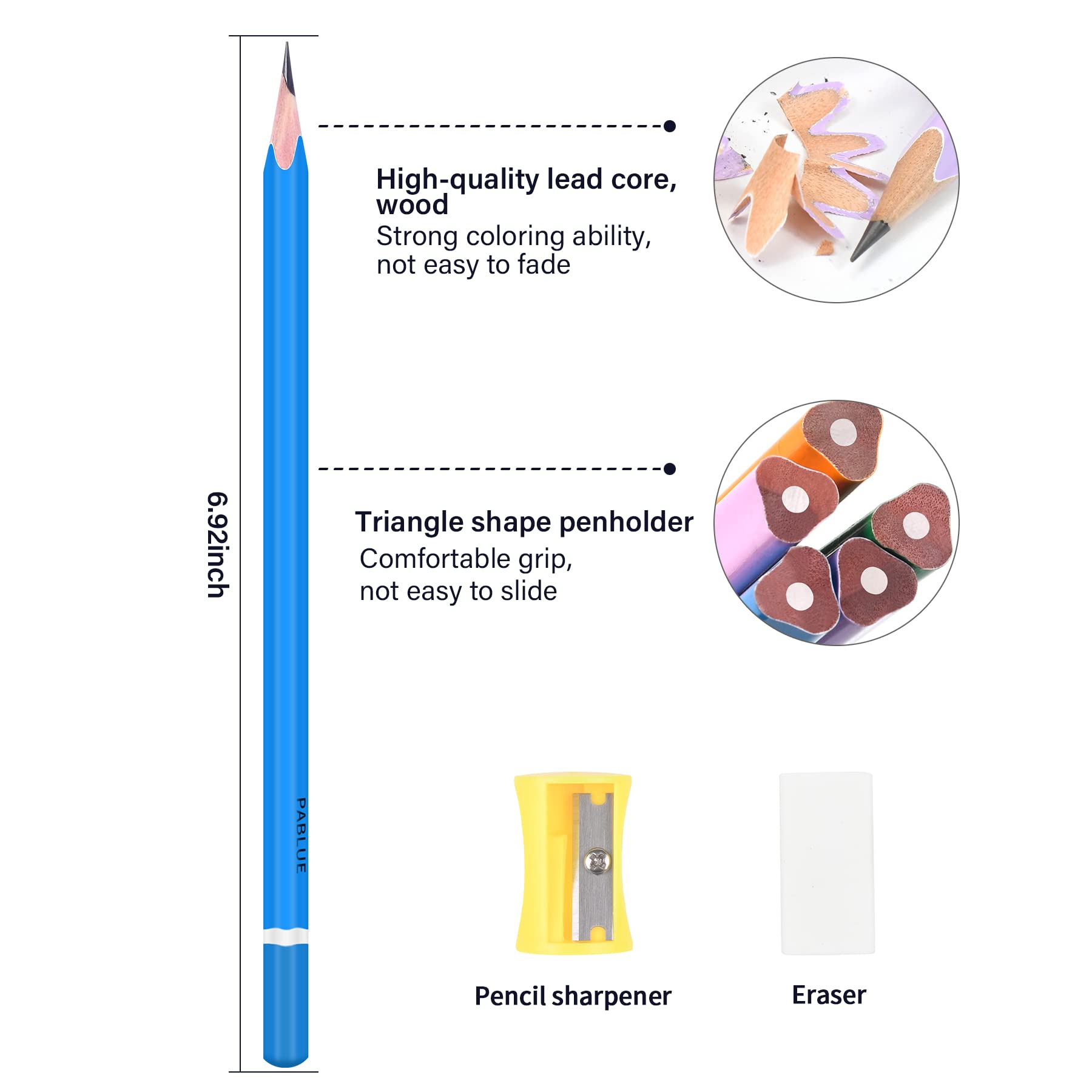 PABLUE HB Graphite Pencils, Triangular Concave Grip Pencils, Fat, Thick ...