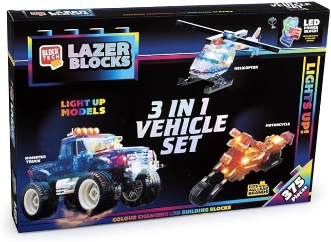 Block Tech Lazer Blocks 3 in 1 Vehicle Set Light Up Models 317 Pieces ...