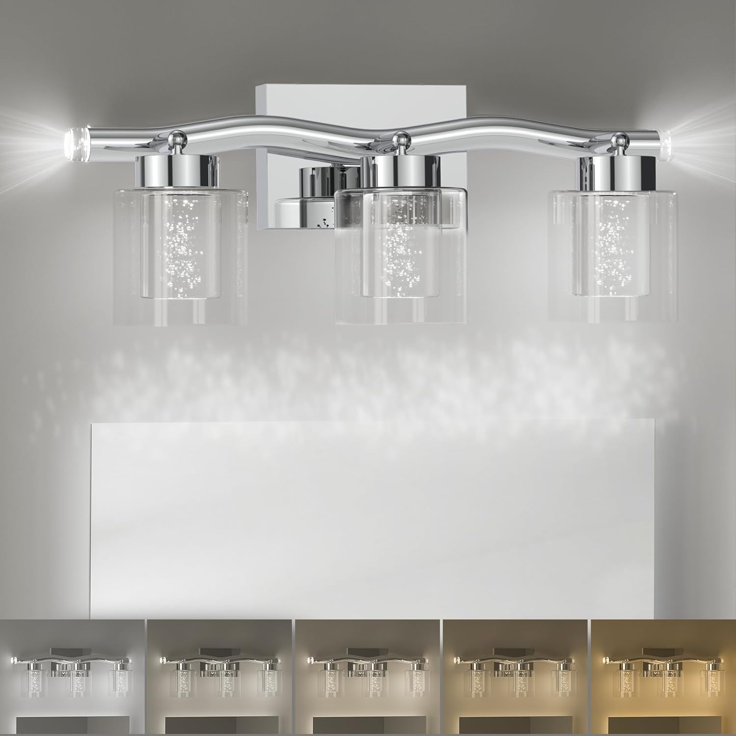 Bathroom Vanity Light, 5-Light Modern Chrome Crystal LED Bathroom ...