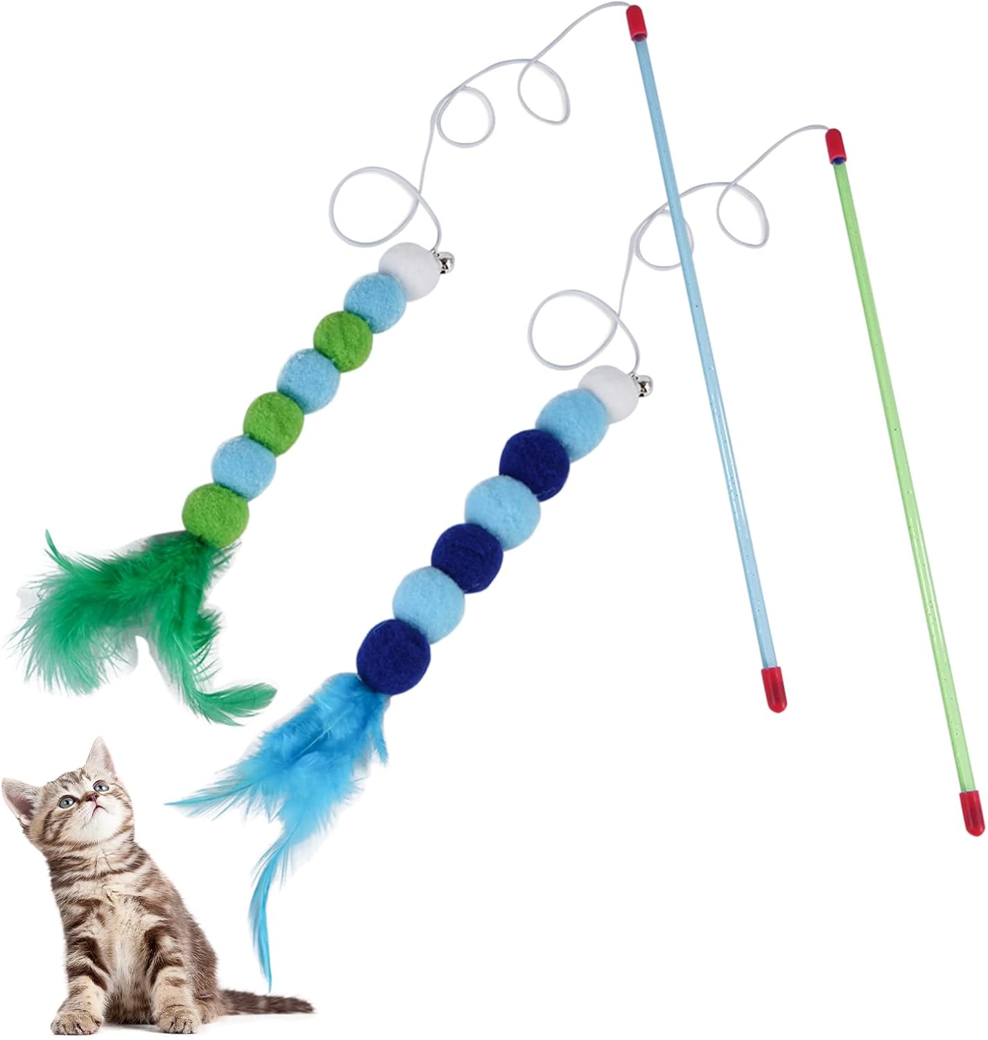 Andiker Cat Feather Toys, 2PCS Cat Wand Toys with Bell and Plush Balls ...