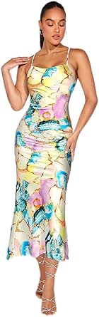 Women's Dress Marble Print Crisscross Backless Mermaid Hem Cami Dress ...