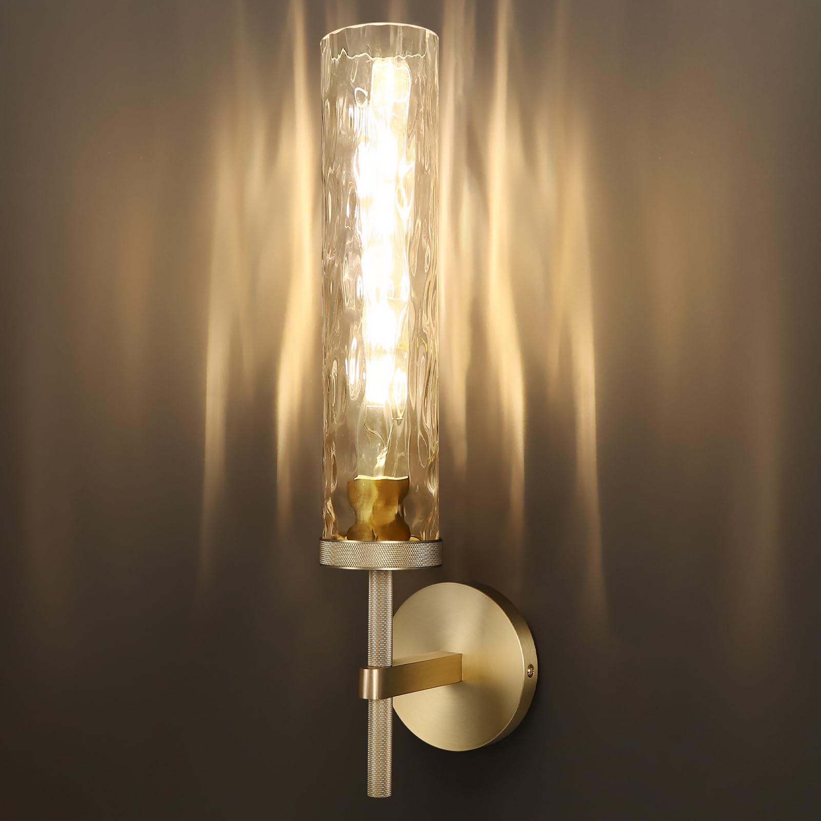vookea 19.5" Knurled Brass Wall Sconce with Water Ripples Glass Tube ...