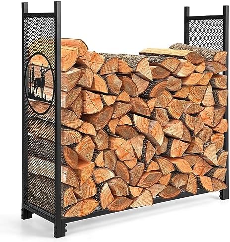 COSTWAY Firewood Rack, Heavy Duty Metal Fireplace Log Holder with Mesh ...