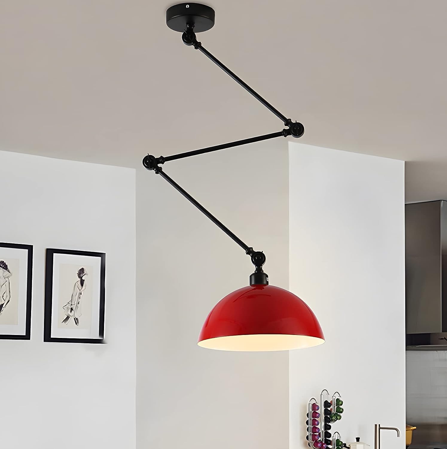 SIYANE Long Swing Arm Ceiling Pendant Light Fixture Black Metal Dome ...