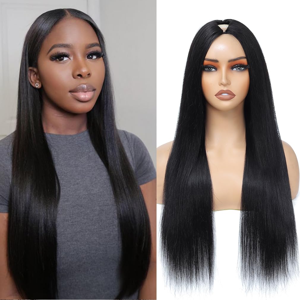 Amazon.com : Aolvoblees V Part Wig Human Hair Straight No Leave Out ...