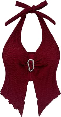 OYOANGLE Women's Metal Ring Linked Split Hem Halter Top Ribbed Knit ...