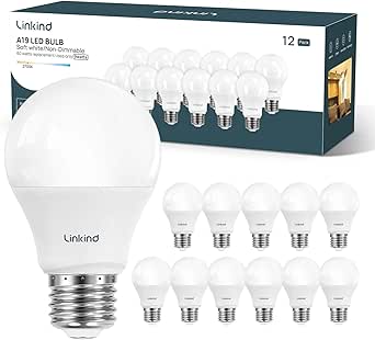 Linkind A19 LED Light Bulb, 60W Equivalent, 9W 2700K Soft White, 800 Lumens Non-Dimmable, E26 ...