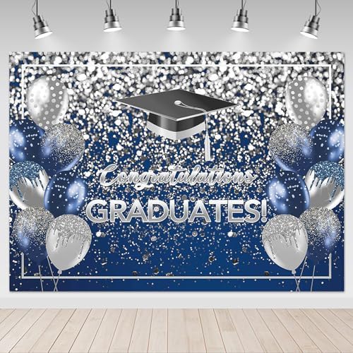 Amazon.com : Mocsicka Graduation Backdrop 7x5ft Blue Sliver Balloons ...