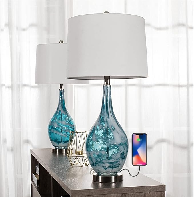 Maxax Coastal Glass Table Lamps Set of 2 Blue Bedside Lamp with USB ...