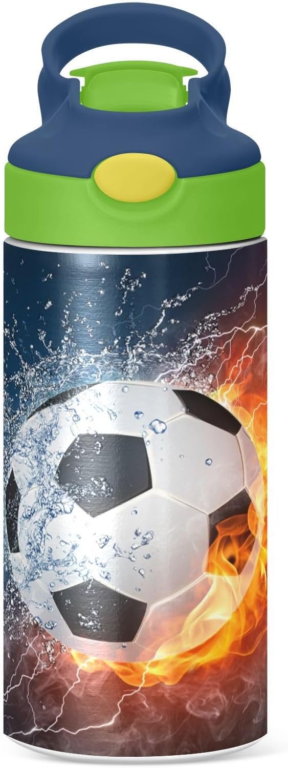 Amazon.com: Fire Ice Football Kids Water Bottle with Straw and Carry ...