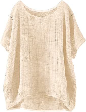 Amazon.com: Womens Gauze Tops Crew Neck Short Sleeve Boho Casual ...