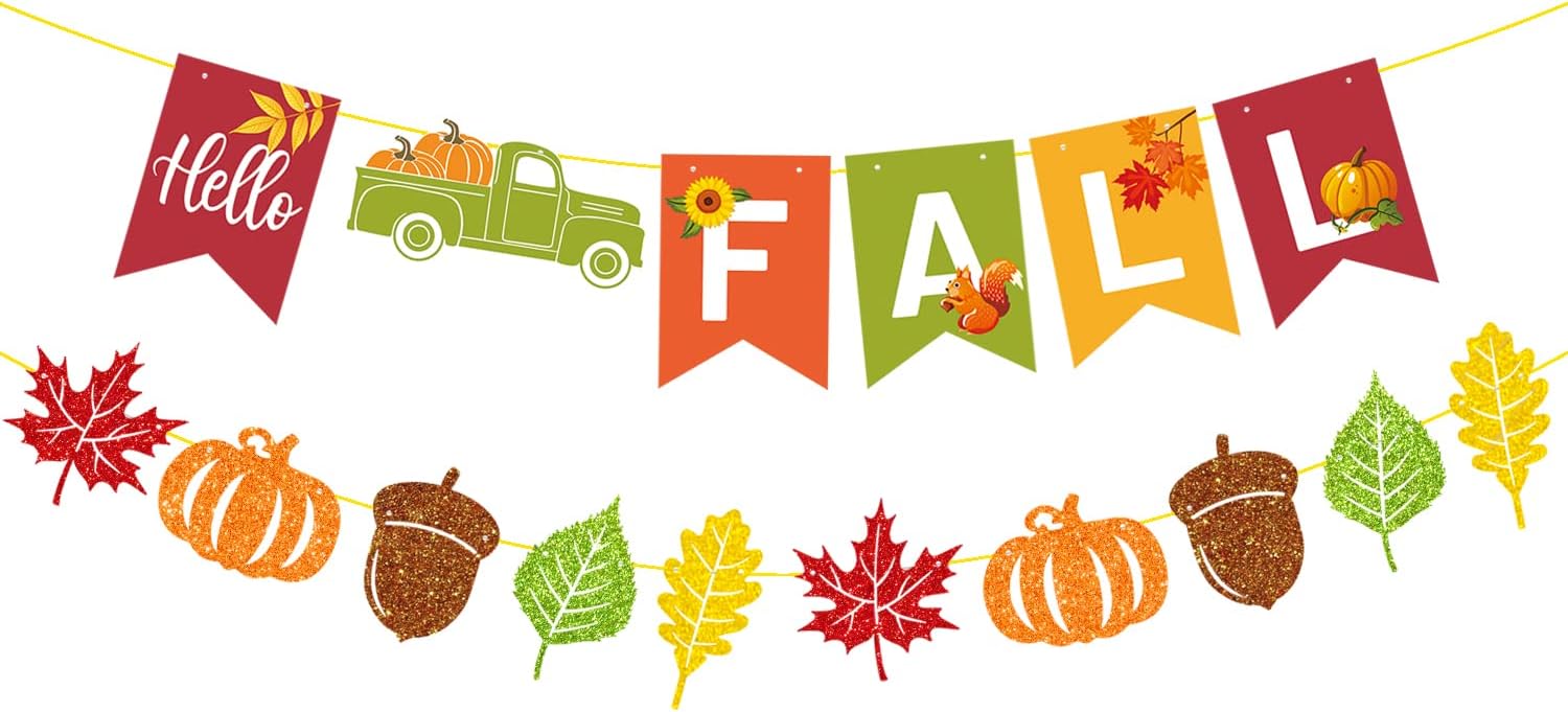 Amazon.com: CAVLA Hello Fall Banner and Glittery Maple Leaves Pumpkin ...