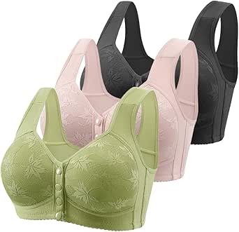 3PC Bras for Older Women, No Underwire Plus Size Front Button Bra, Full ...