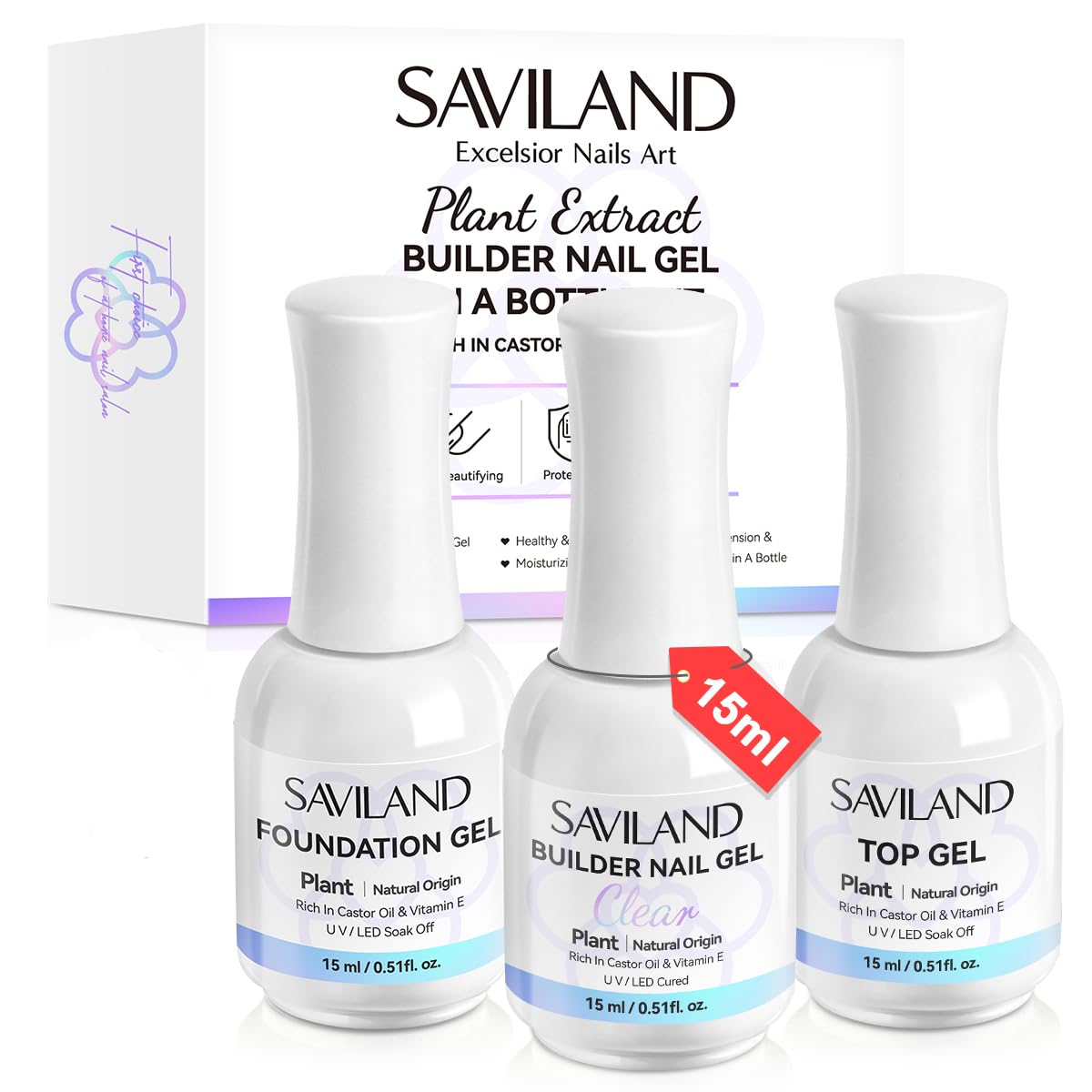 Amazon.com : Saviland Clear Builder Nail Gel Kit in a Bottle: 3 Pcs 15ml Vitamin E Ingredient ...