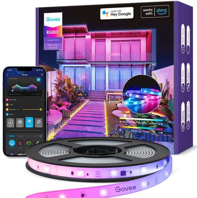 Govee Outdoor LED Strip Lights, 32.8ft RGBIC LED Outdoor Lights, IP65 ...