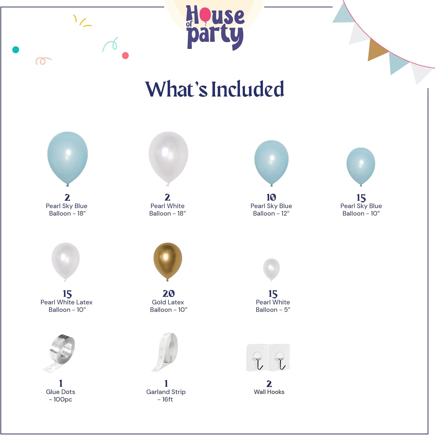 Buy HOUSE OF PARTY Baby Blue and Gold Balloon Garland Kit - White ...