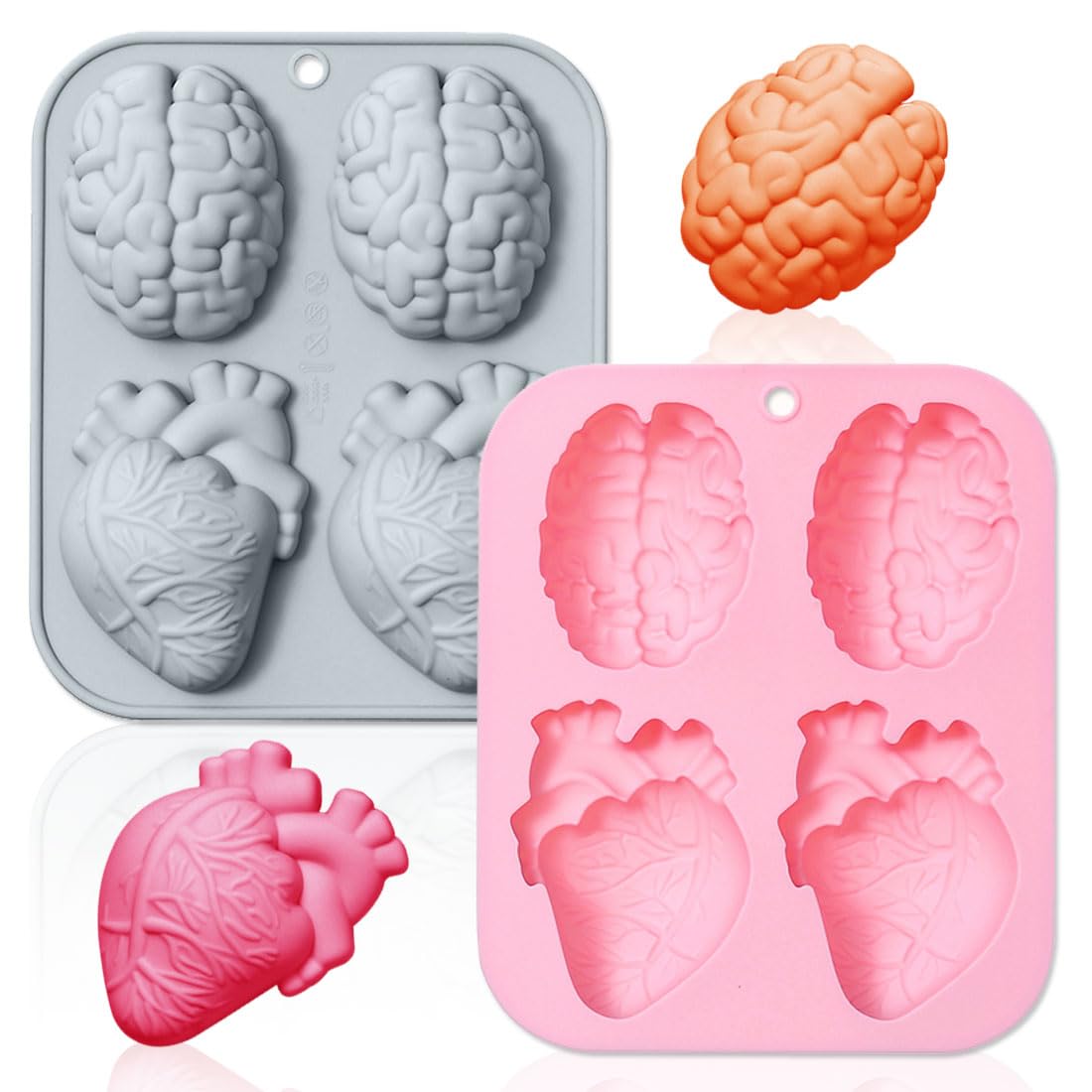 Amazon.com: 2 Pack Human Heart Brain Silicone Molds, 4 Cavity Halloween ...