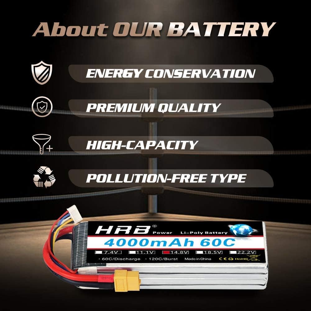 HRB 2PCS 4S Lipo Battery 14.8V 4000mAh 60C XT60 Connector for RC Truggy Truck Multirotors ...