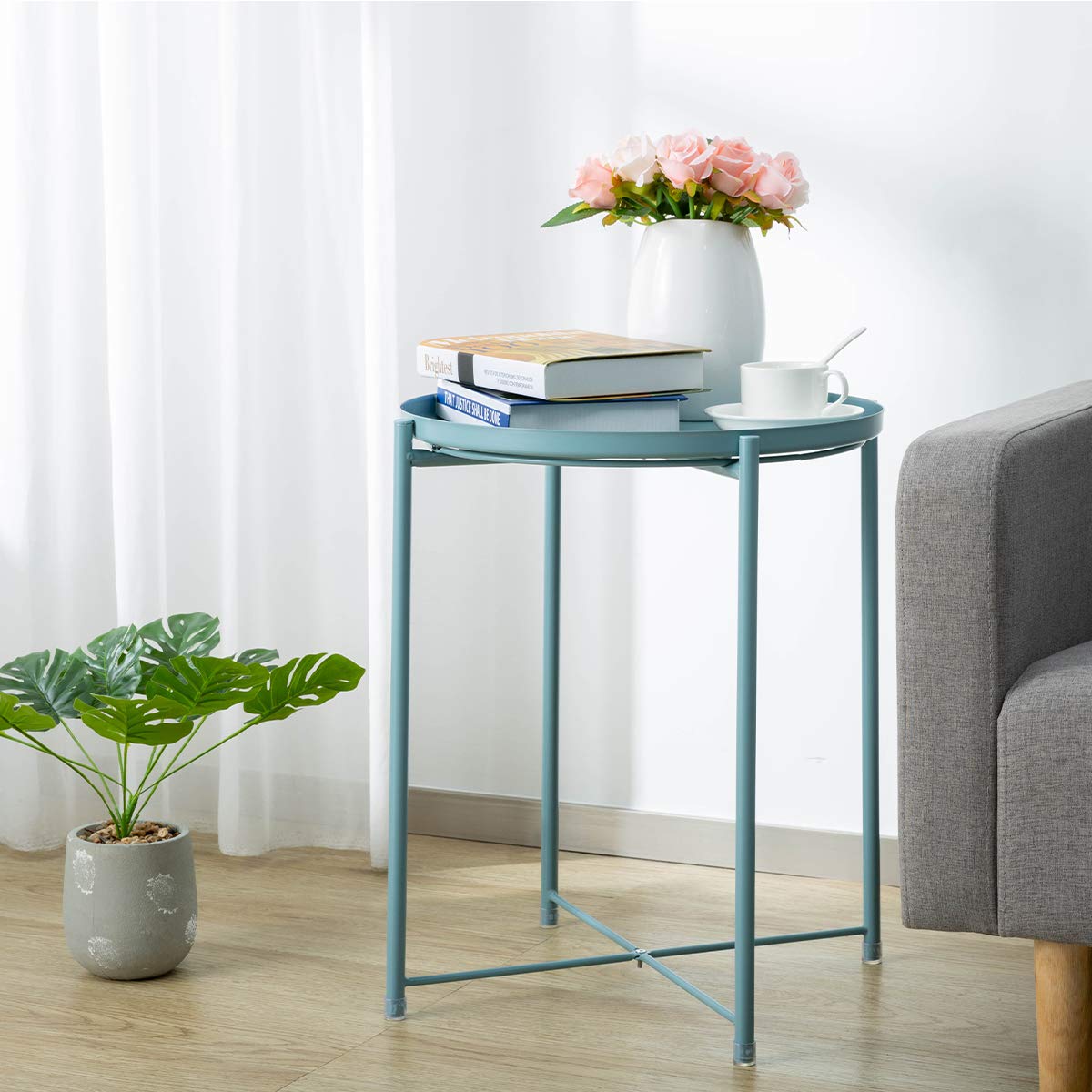 HollyHOME Tray Metal End Table, Sofa Table Small Round Side Tables ...