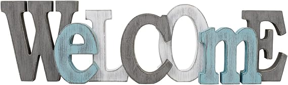 Amazon.com: Linfevisi Wooden Welcome Sign Aqua Hanging Block Letters ...