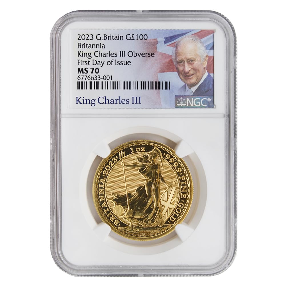 2023 UK 1 oz British Gold Britannia King Charles III MS-70 First Day of ...