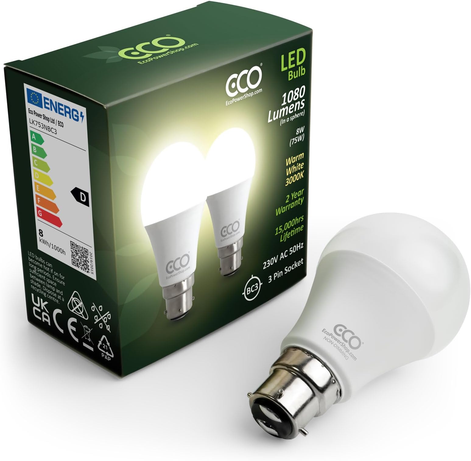 3 Pin BC3 Light Bulb LED 10w Energy Saving Non Dimmable 240v 3000k Warm ...