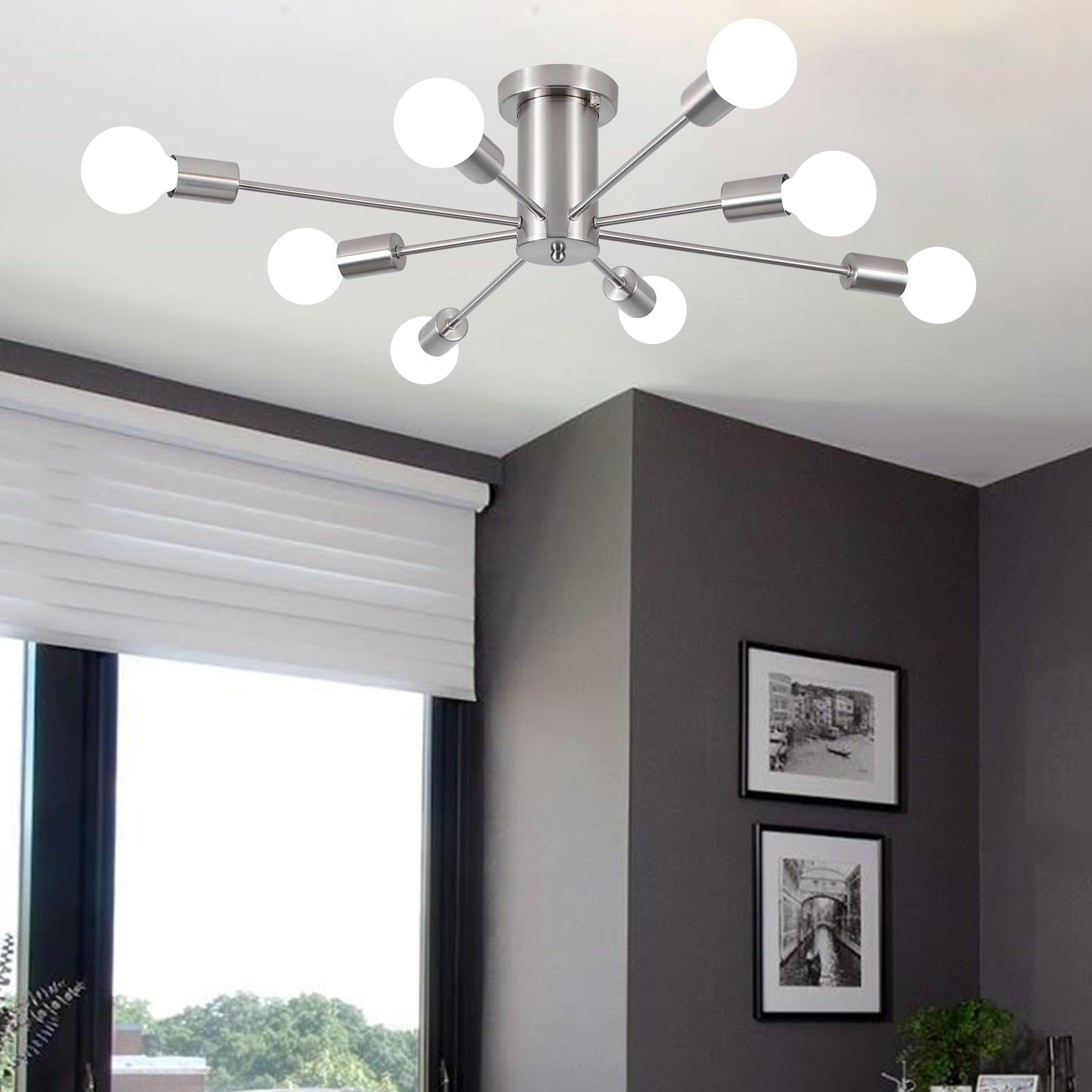 LXWNYY Brushed Nickel Sputnik Ceiling Light Fixture,8 Lights Semi Flush ...